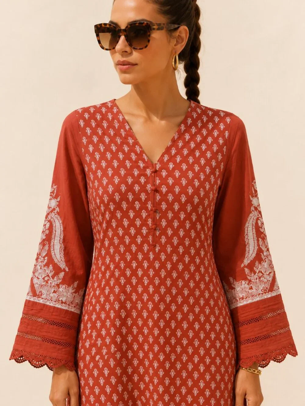Khaadi | Dresses | Khaadi Tunic Dress M Orange Ivory Gold Embroidery ...
